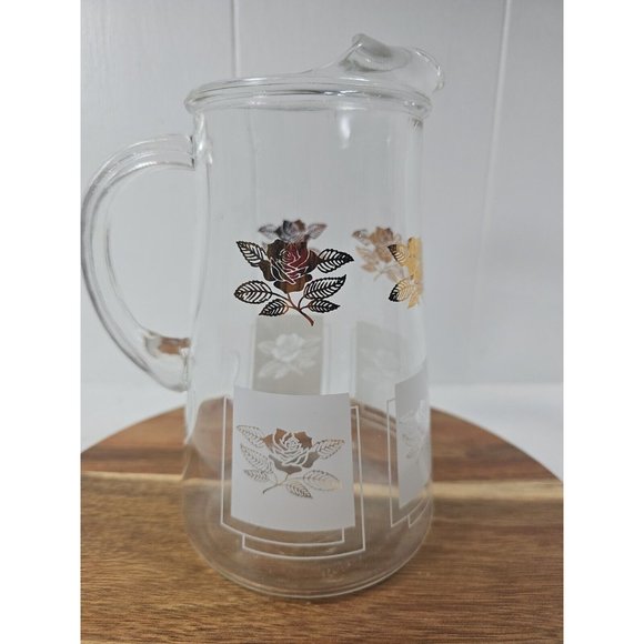 Unbranded | Dining | Vtg Mcm Glass Pitcher Gold Roses White Panels ...